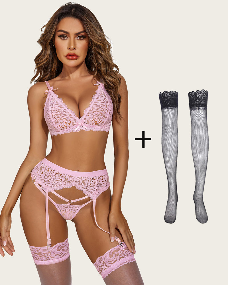 3 Piece Lace Bra and Panty Set with Garter Blet – Avidlove